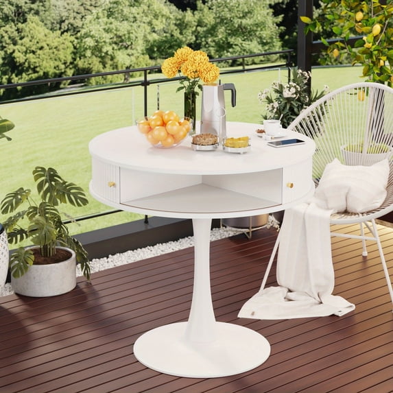 31.5-Inch Round Farmhouse-Style Dining Table with Metal Base, Sliding ...