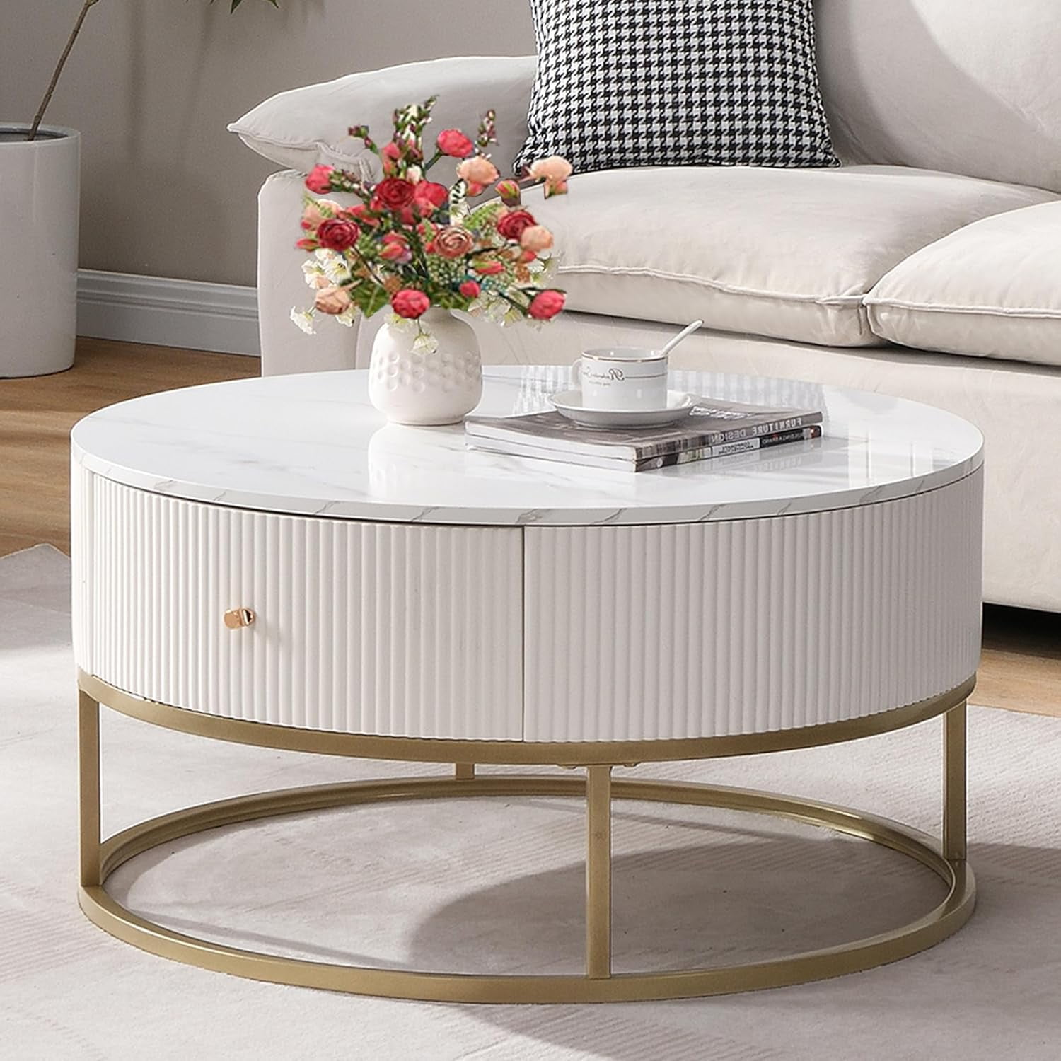 31.5 Inch Round Faux Marble Coffee Table with Drawers Storage, Modern ...