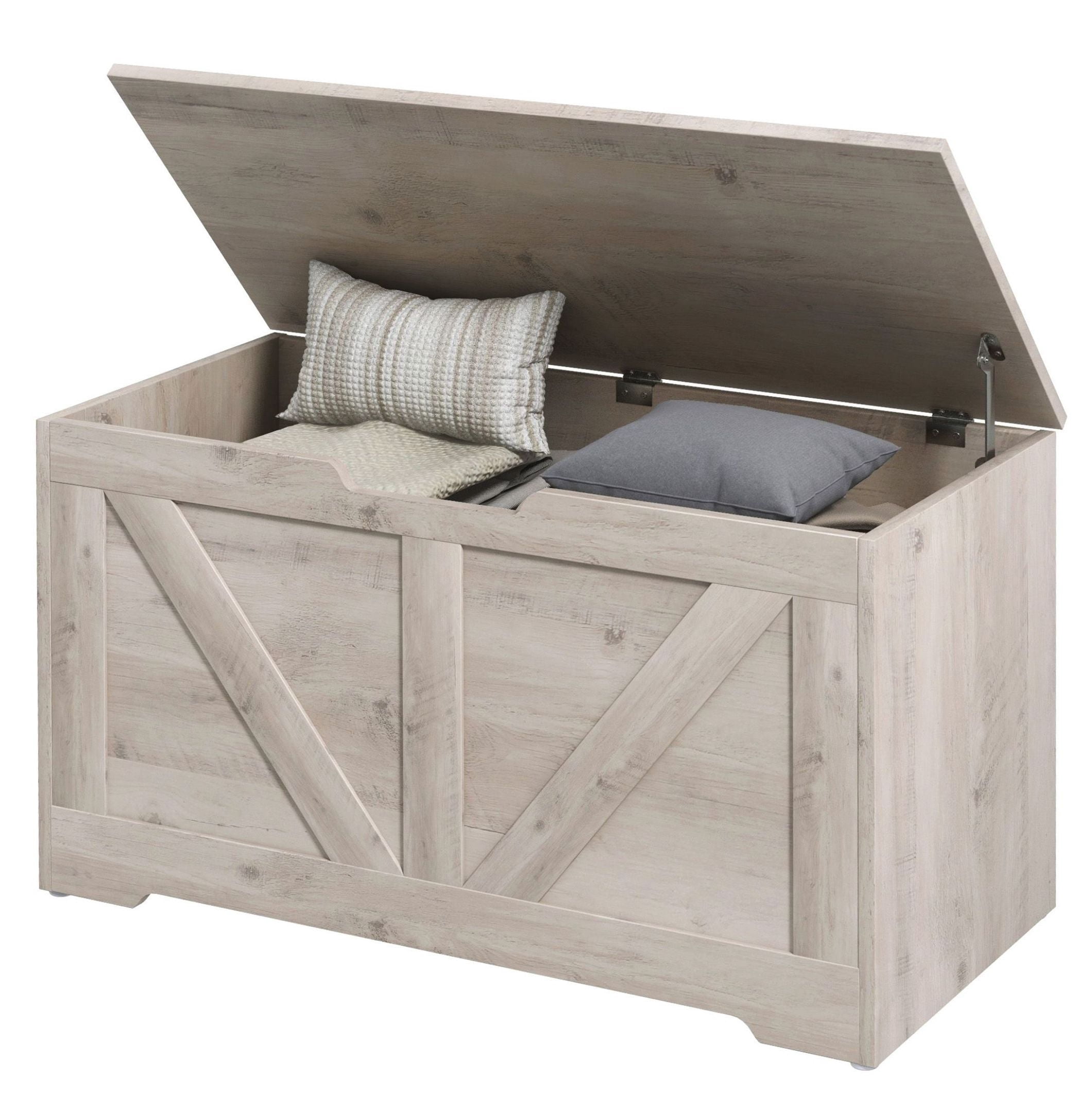 31.5 Inch Storage Chest, Wooden Trunk with Hinges - Grey Wood Grain ...