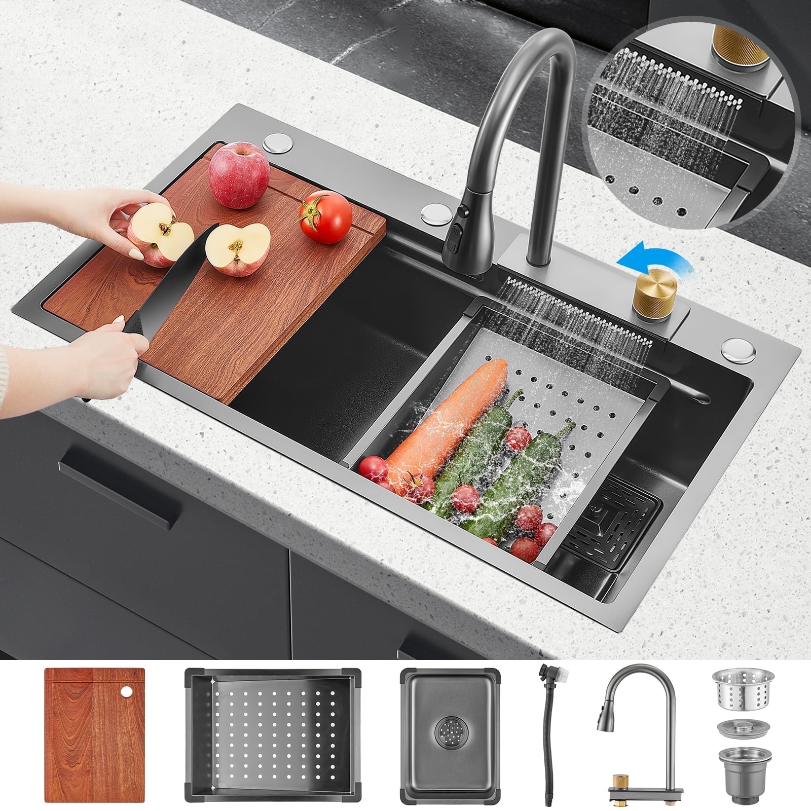 Waterfall Drop-In Kitchen Sink for Workstation, Stainless Steel Single ...