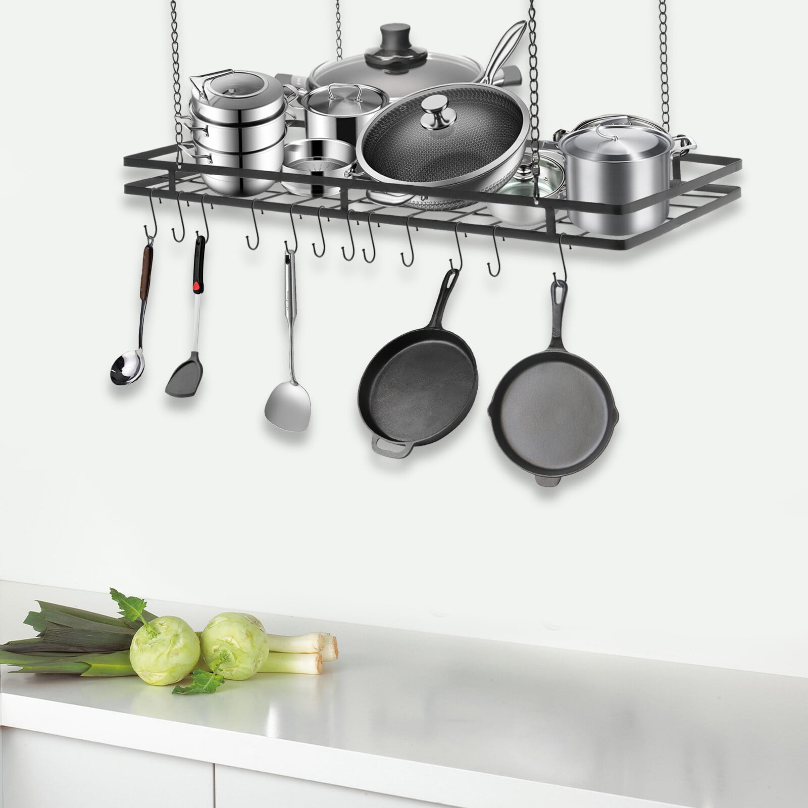 31.5 Inches Ceiling Pot Rack and Pan Rack for Ceiling with 12 Hooks ...