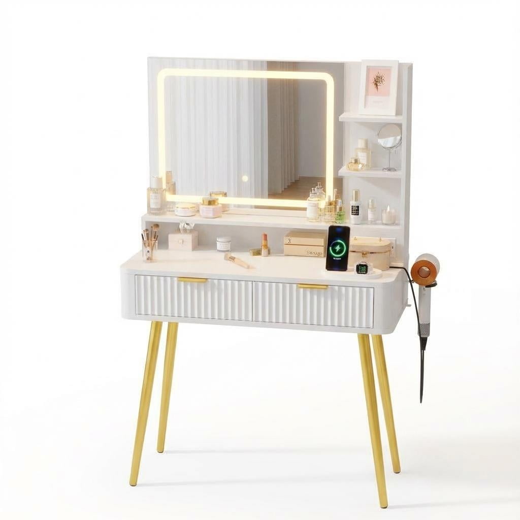 31.5" LED Vanity Desk with Mirror, 2 Drawers, 3-Color Lighting & Power ...