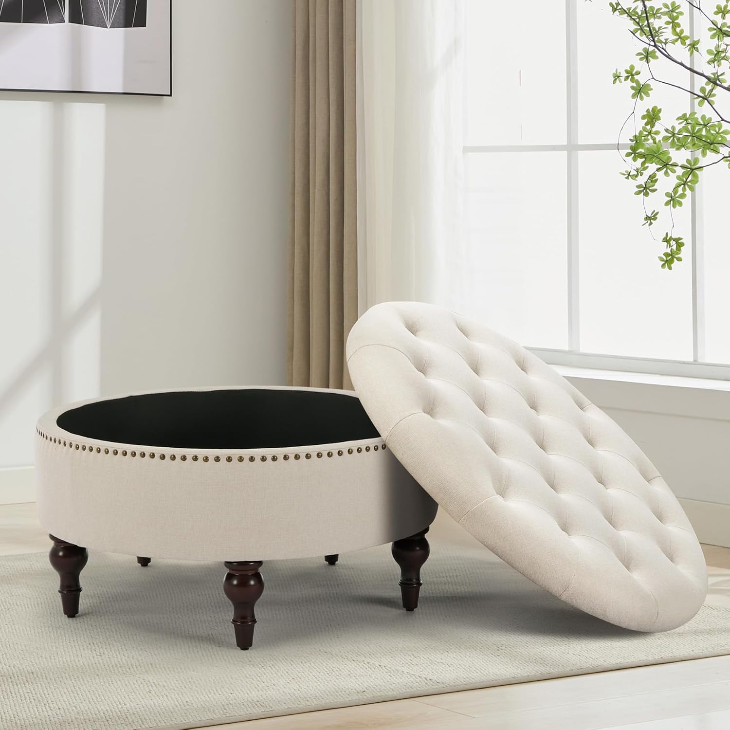 31.5" Large Round Storage Ottoman, Upholstered Tufted Linen Ottoman ...