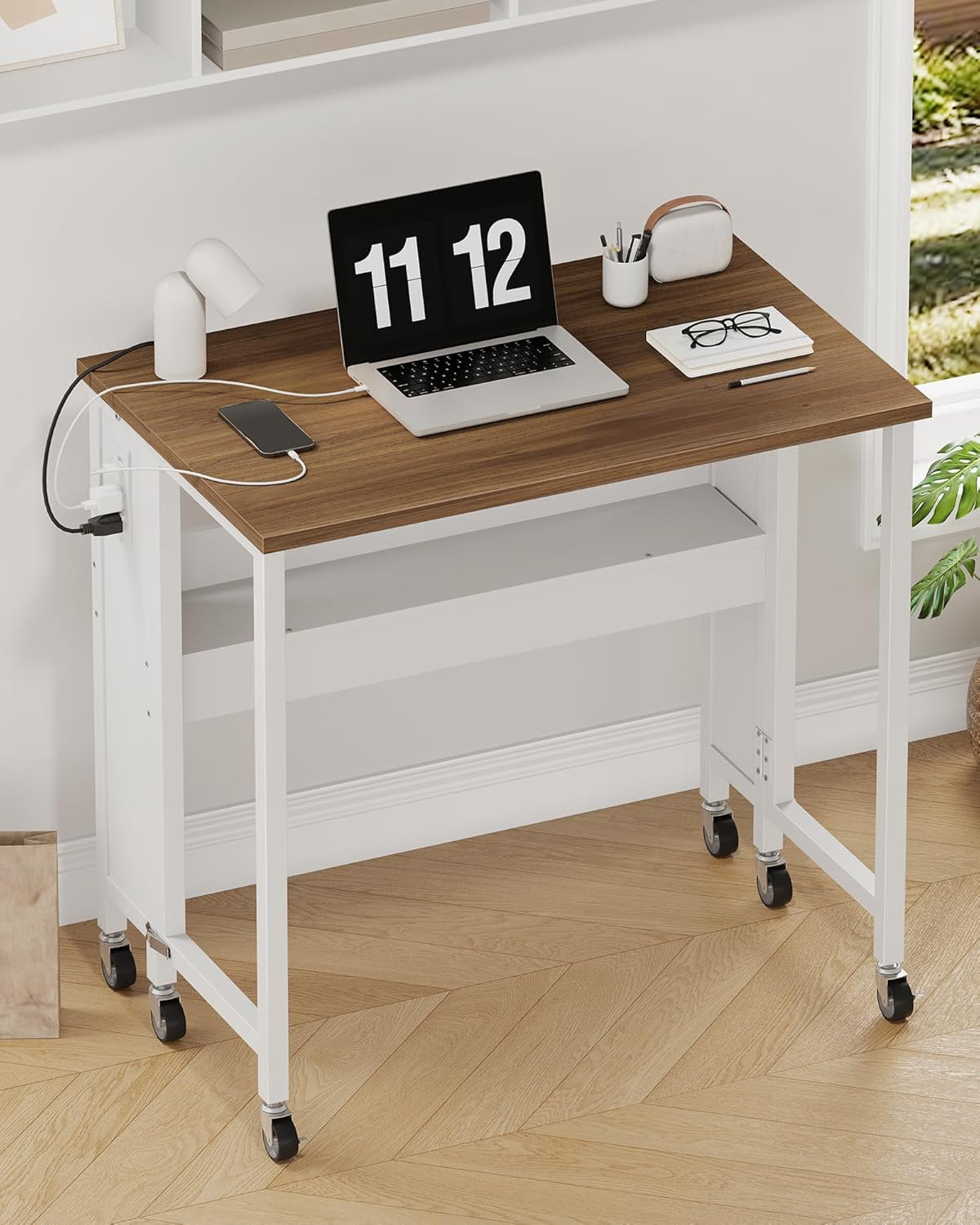 31.5" Modern Folding Computer Desk with Power Outlets, Wheels, Storage ...