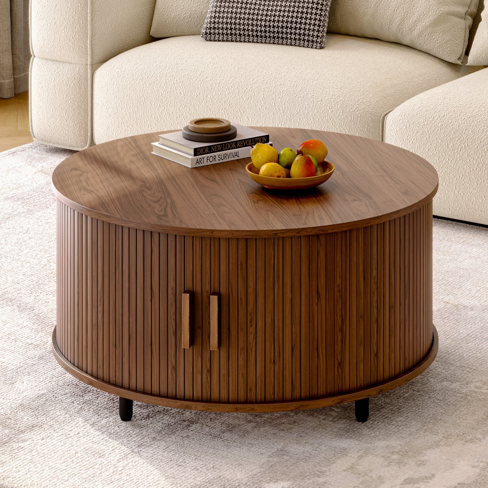 31.5" Modern Round Coffee Table with Storage and Curved 360° Sliding ...