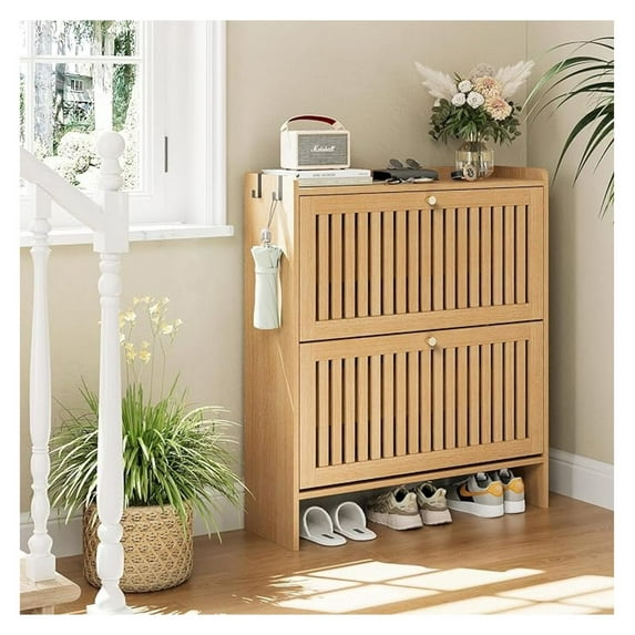 31.5" Modern Slatted Shoe Cabinet with 2 Drawers, Adjustable ...