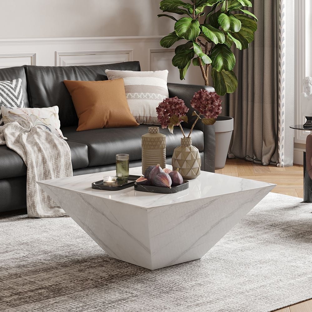 POVISON 31.5" Modern Square Coffee Table, Trapezoid White Sintered ...