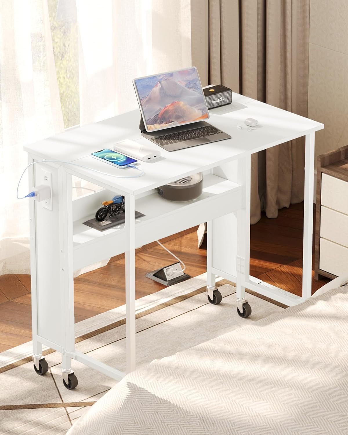 31.5" Modern White Folding Computer Desk with Power Outlets, Wheels ...