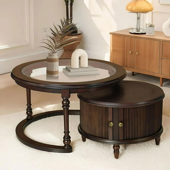 31.5'' Nesting Coffee Table Set of 2, Solid Wood Round Nesting Coffee ...