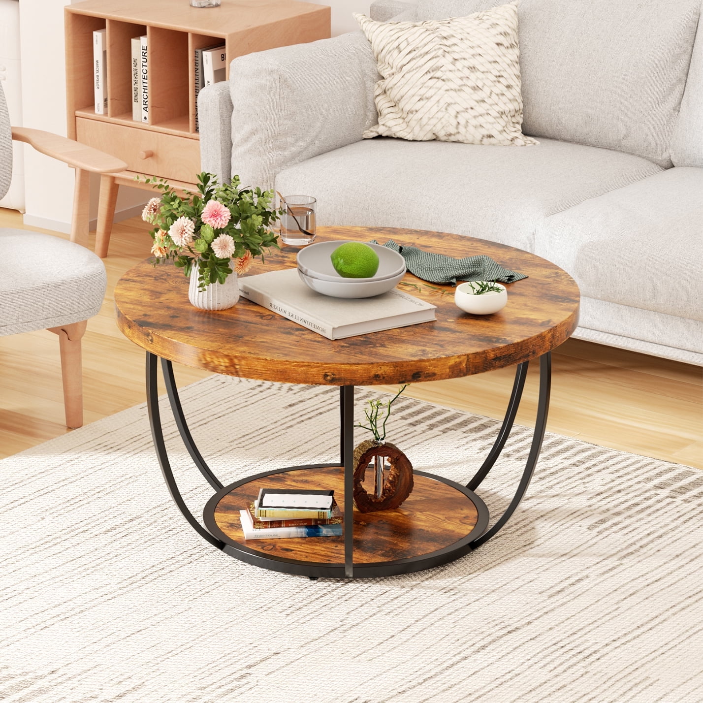 31.5" Round Coffee Table, 2-Tier Coffee Tables for Living Room, Small ...