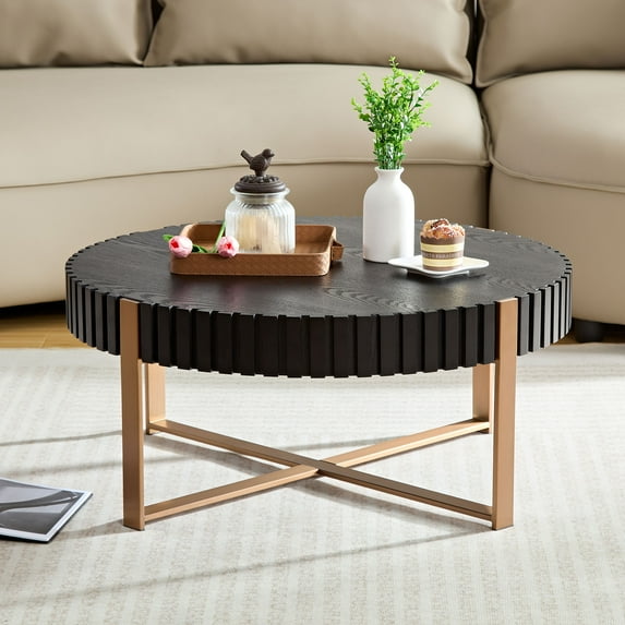 31.5" Round Coffee Table, Fluted Center Table with Metal Frame, Wooden ...