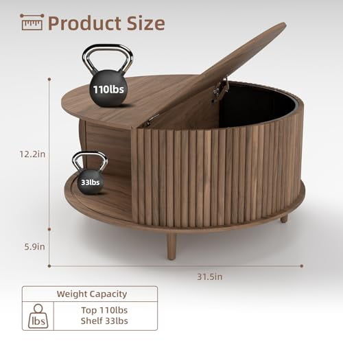 31.5" Round Coffee Table with Hidden Storage,Mid Century Modern Coffee ...