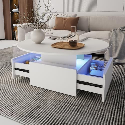 31.5" Round Coffee Table for Living Room, LED Modern Living Room Table ...