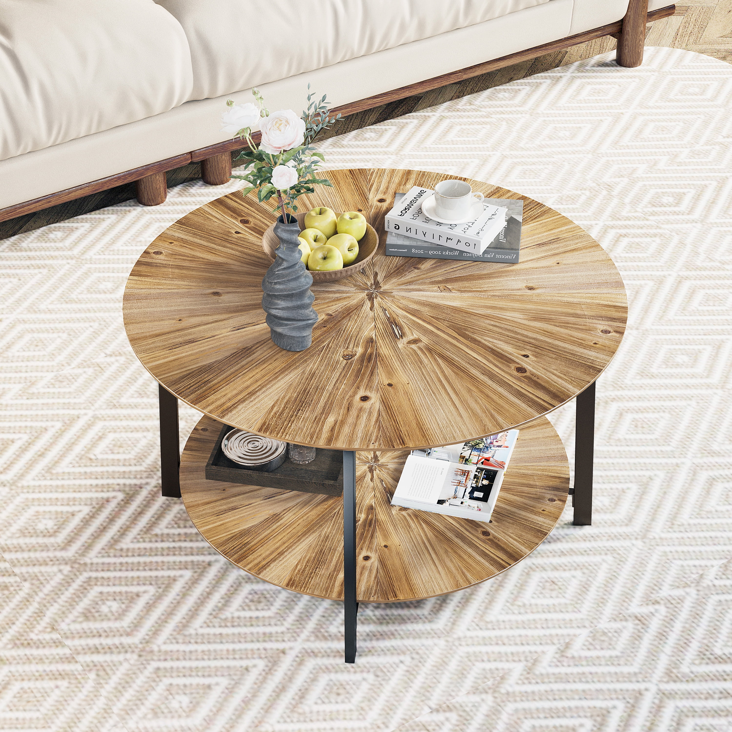 31.5 "Round Coffee Table,Stand Wooden Double Layer Coffee Table with ...