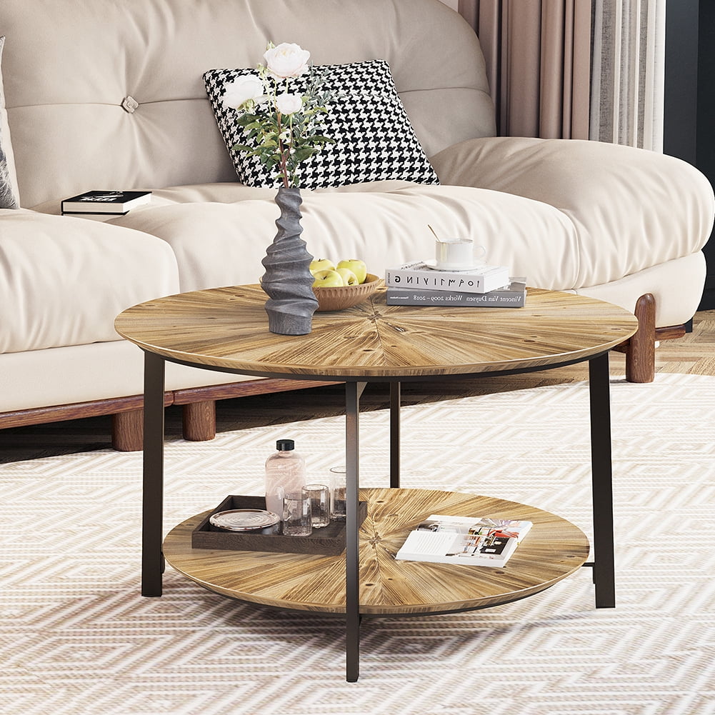 31.5 " Round Coffee Table Stand Wooden Double Layer With Metal Base For ...