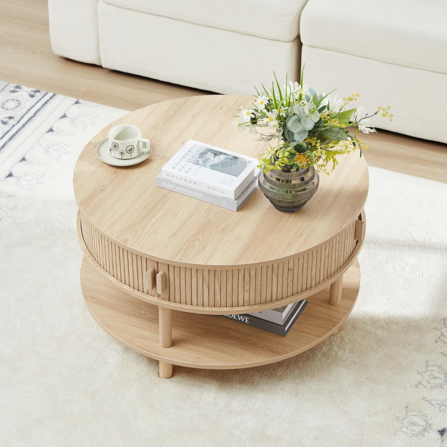 31.5” Round Coffee Table with Storage, Mid Century Modern 2 Tier Coffee ...