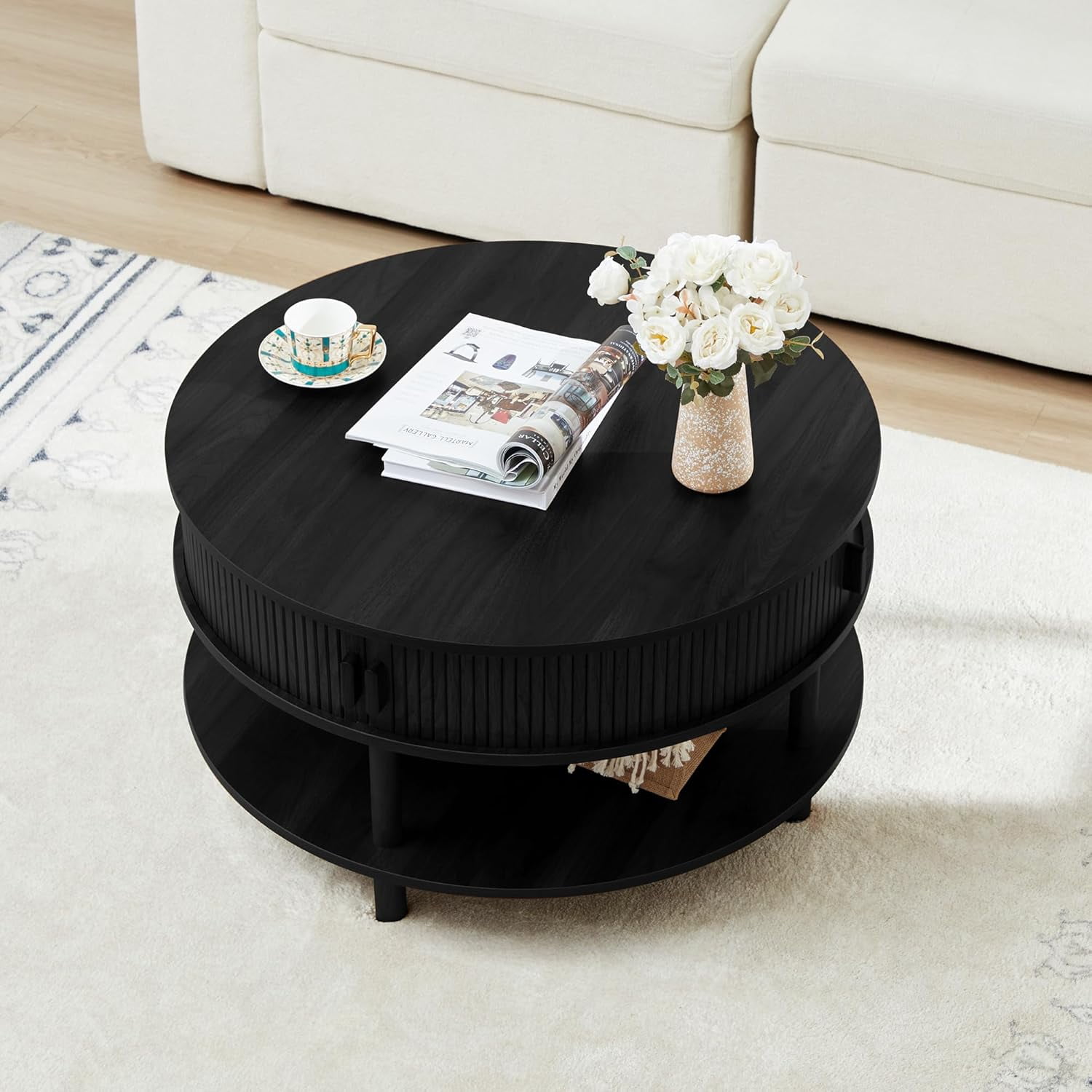 31.5” Round Coffee Table with Storage, Mid Century Modern 2 Tier Coffee ...