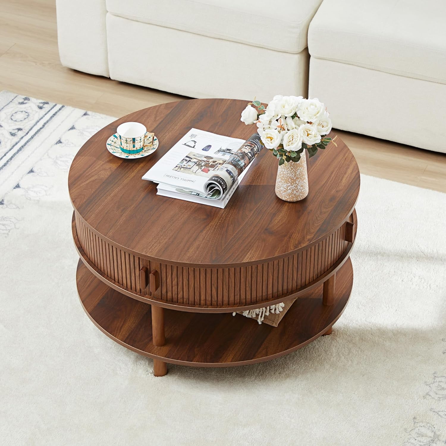 31.5” Round Coffee Table with Storage, Mid Century Modern 2 Tier Coffee ...