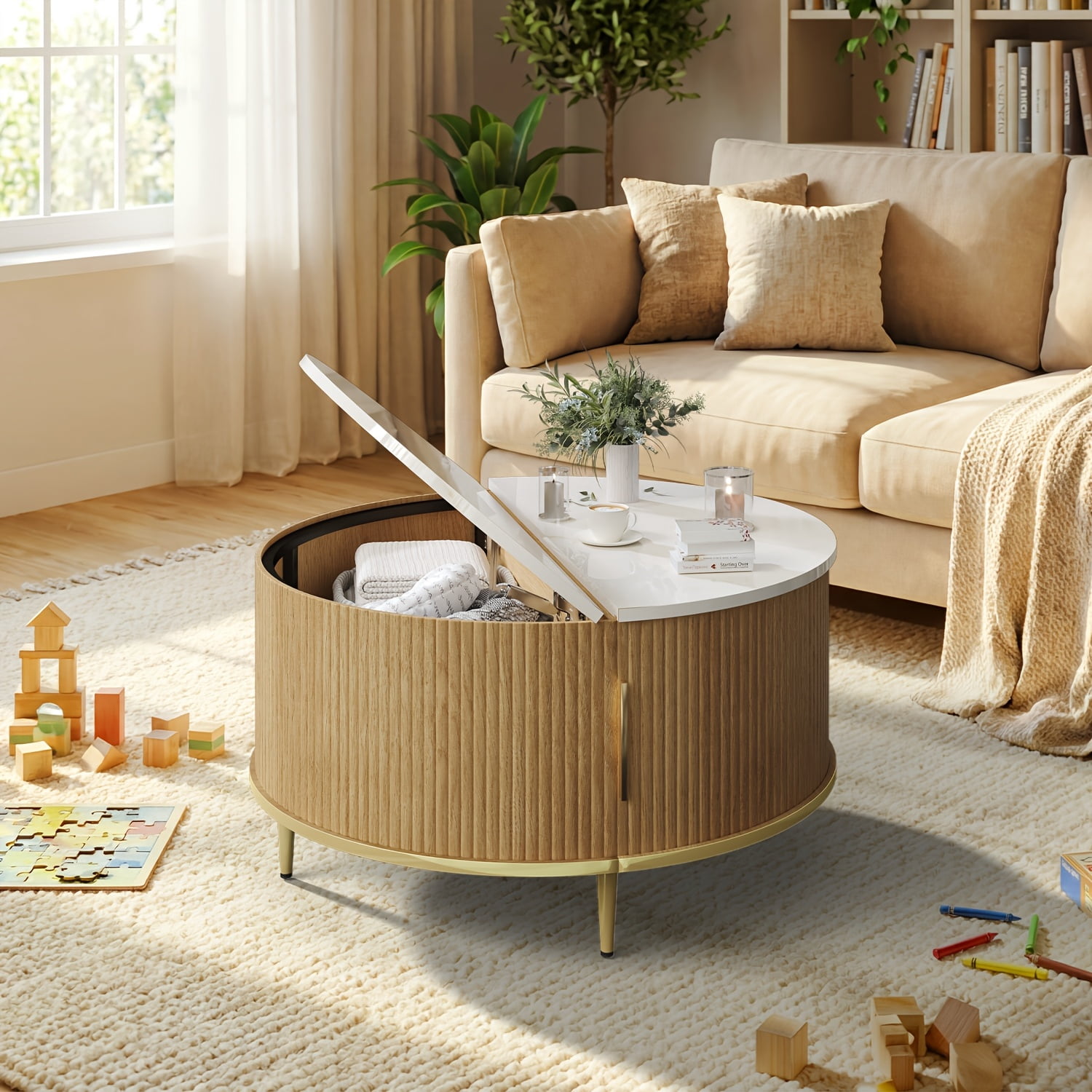 31.5" Round Coffee Table With Storage | Modern Fluted Drum Coffee Table ...