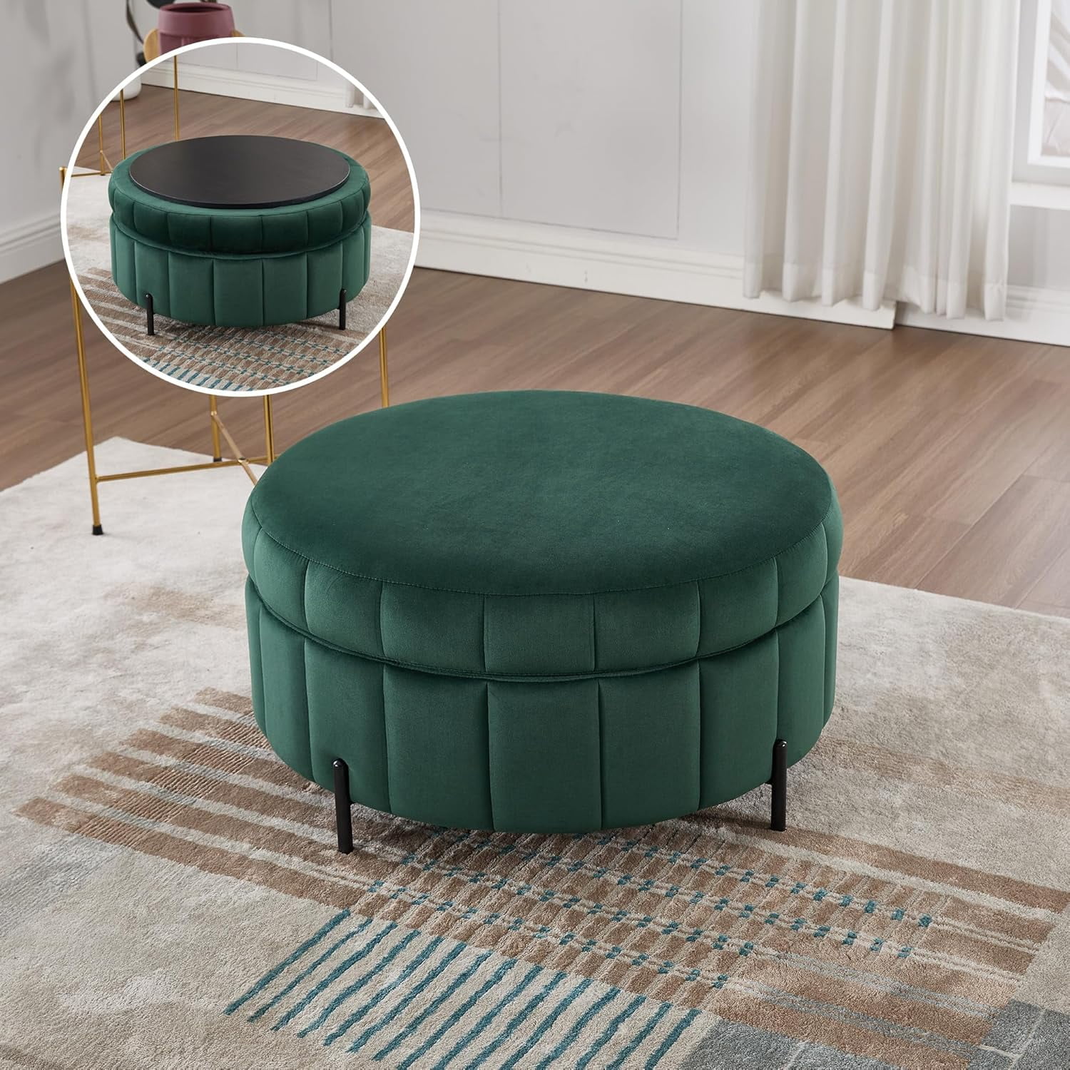 31.5" Round Coffee Table with Storage, Velvet Upholstered Storage Stool ...