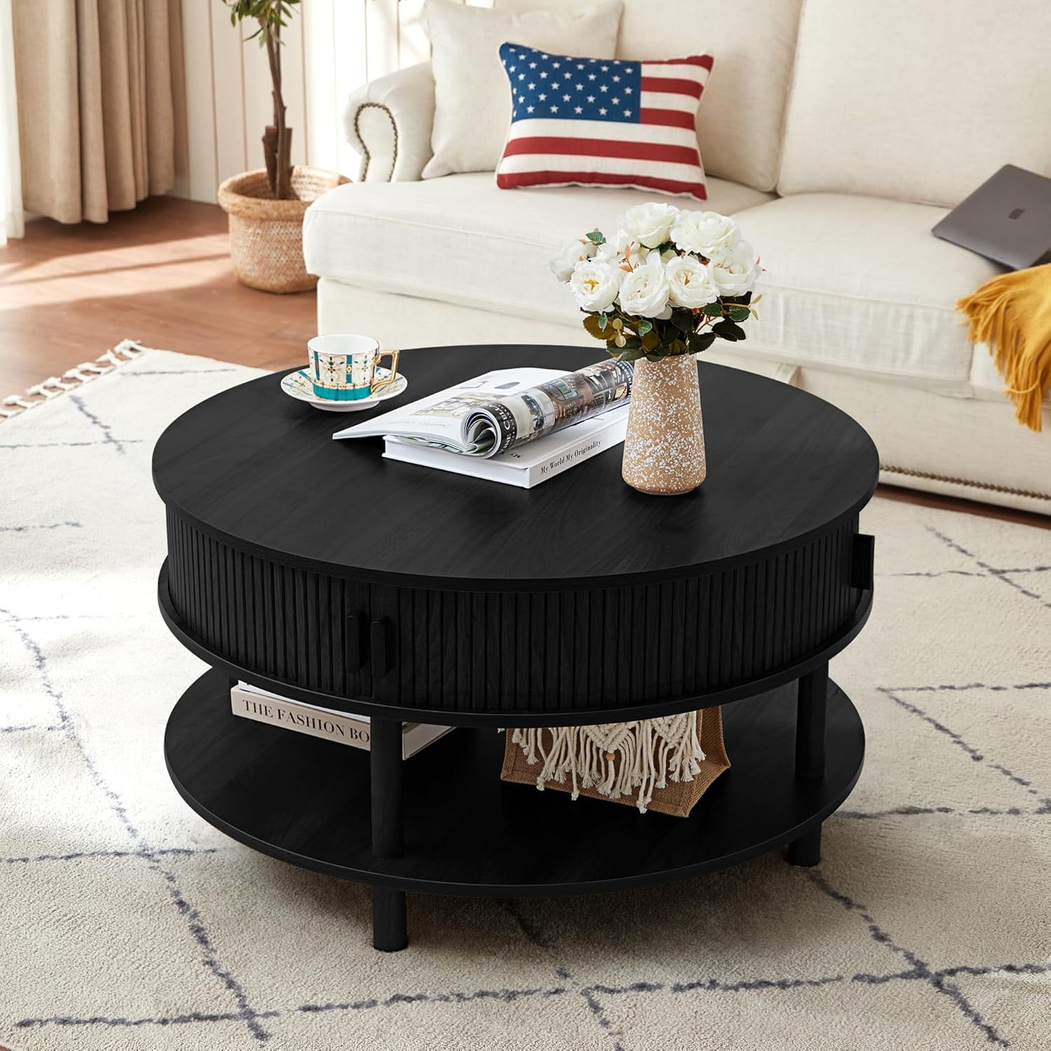 31.5" Round Coffee Table with Storage, Wood Circle Coffee Table with ...