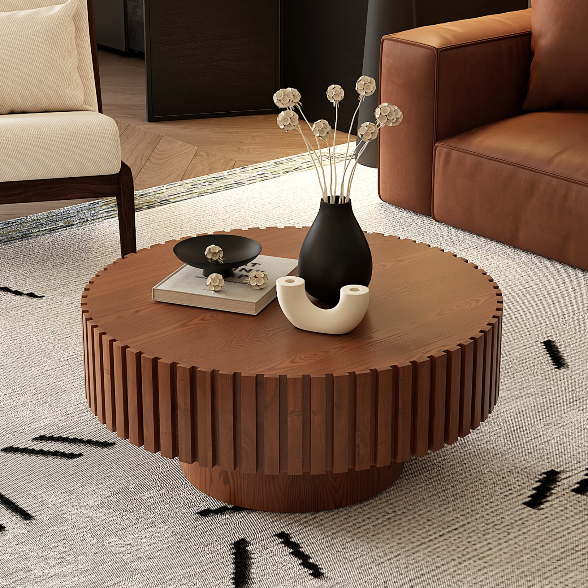 31.5" Round Coffee Table, Wood Fluted Circle Center Sofa Table, Modern ...