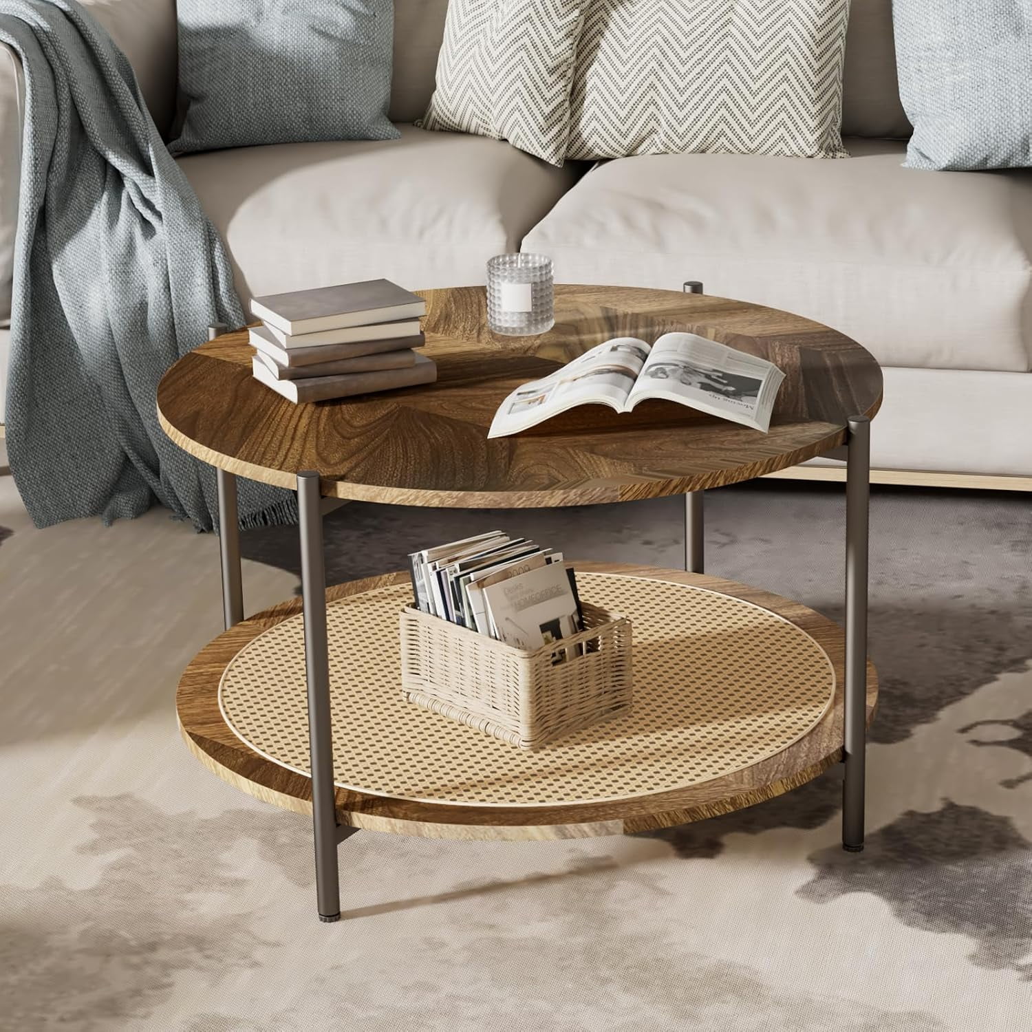 31.5" Round Coffee Table for Living Room, 2-Tier Modern Rattan Table ...