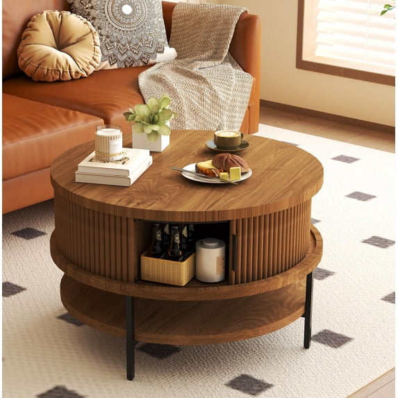 31.5" Round Flip-Top Coffee Table with Storage, Farmhouse Style Center ...