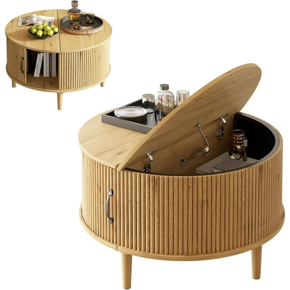 31.5" Round Mid Century Modern Coffee Table with Fluted Design and ...