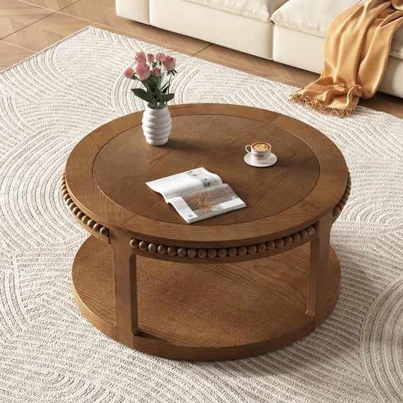 31.5" Round Solid Wood Coffee Table with 2-Tier Storage Shelf, Modern ...