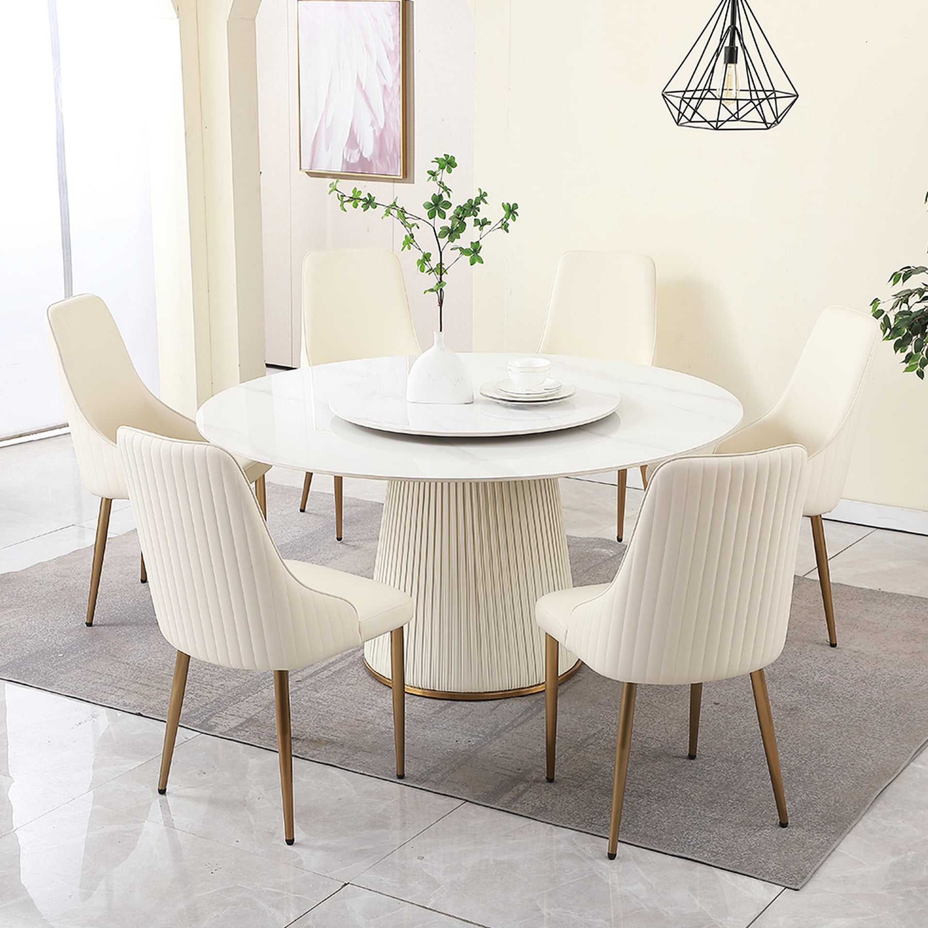 31.5" Round Turntable Sintered Stone Dining With 6 Chairs, Petal-shaped ...