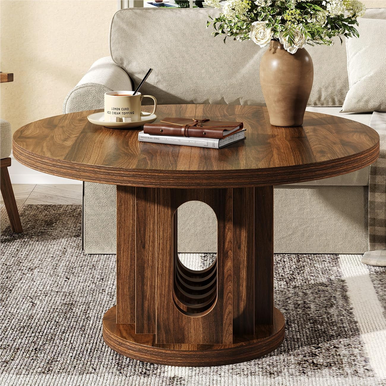 31.5" Round Wood Coffee Table with Hole Panel Design, Thickened Edge ...