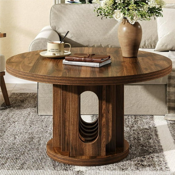 31.5" Round Wood Coffee Table with Hole Panel Design, Thickened Edge ...