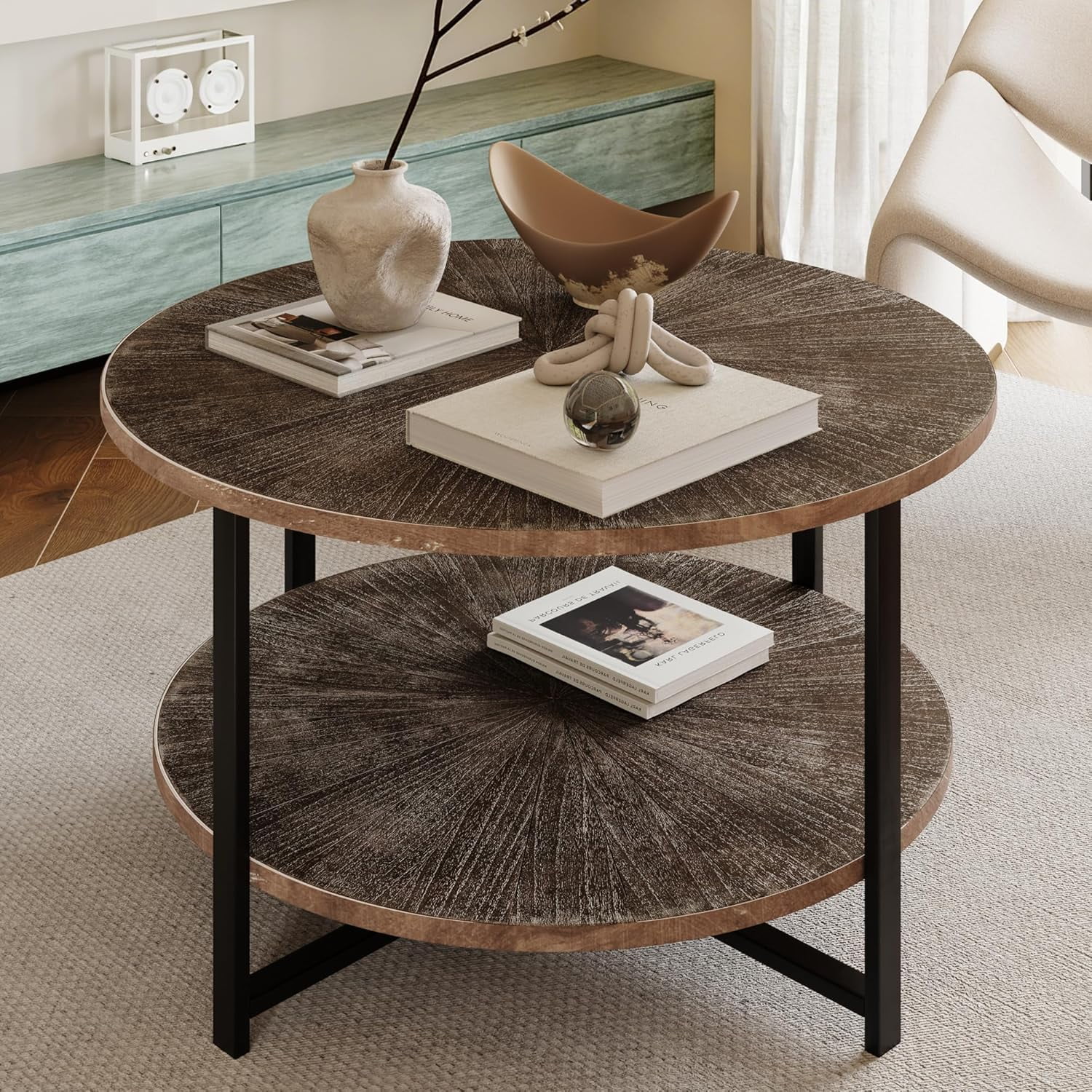 31.5" Round Wood Coffee Table with Storage, 2-Tier Rustic Circle Center ...