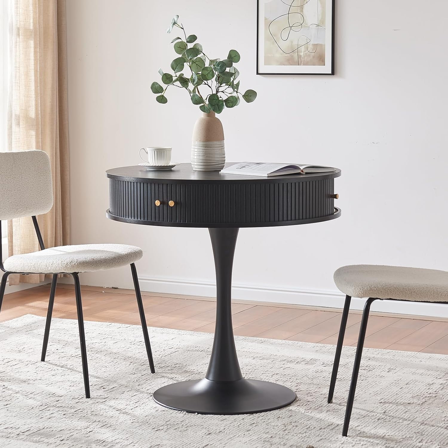 31.5” Round Wood Dining Table, Metal Pedestal Base, Leisure Tulip ...