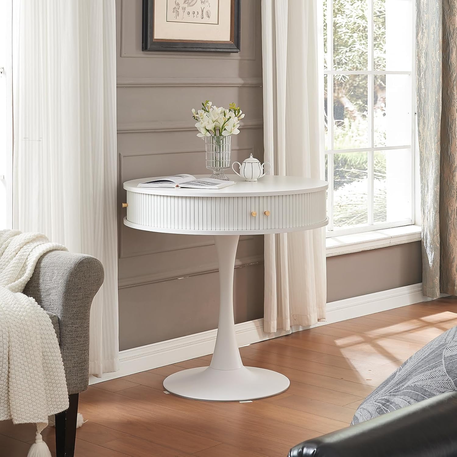 31.5” Round Wood Dining Table, Metal Pedestal Base, Leisure Tulip Design, Accent Circle Side ...