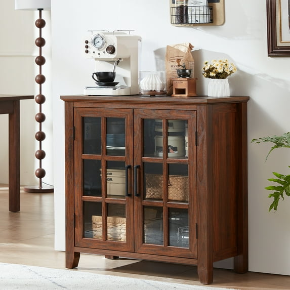 31.5" Rustic Buffet Cabinet with 2 Glass Doors, Compact Sideboard ...