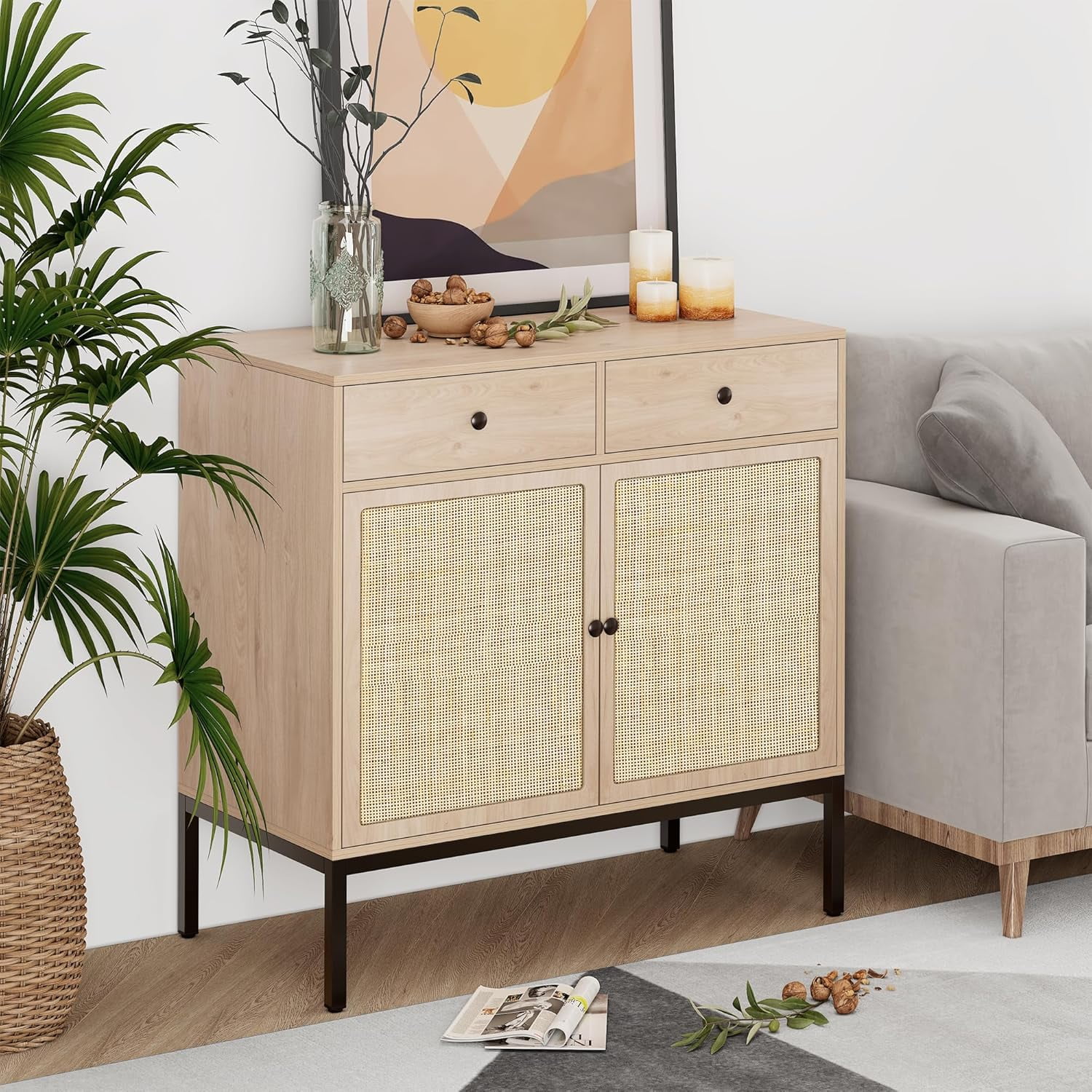 31.5" Sideboard Buffet Cabinet with Natural Rattan Hand-Woven Doors and ...