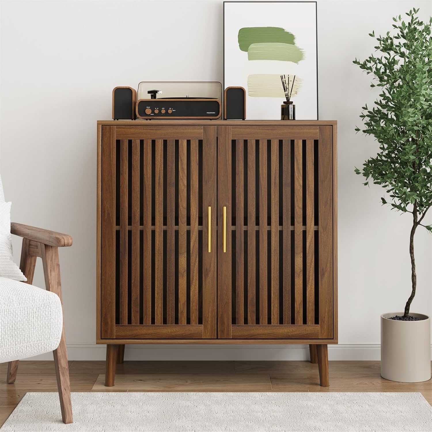 31.5" Sideboard Buffet Cabinet with Storage, Wooden Fluted Grille ...