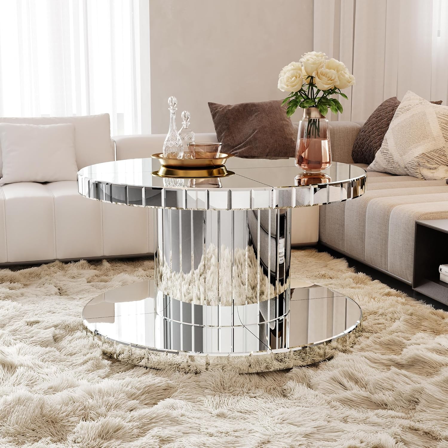 31.5" Silver Mirrored Coffee Table, Round Mirror Center Table with ...