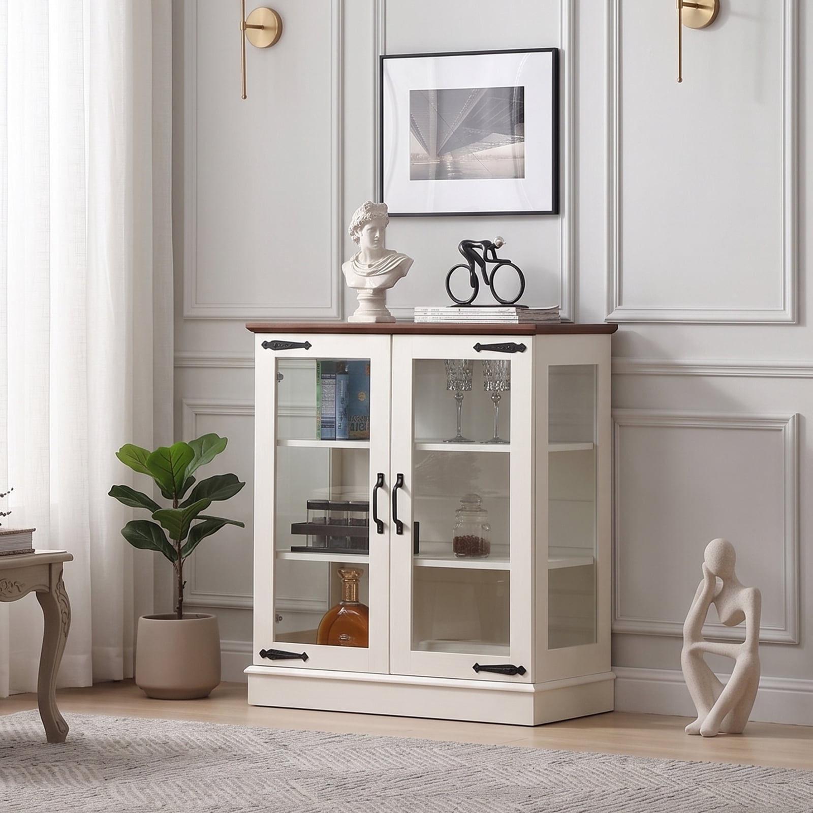 31.5" Small Buffet Cabinet with Glass Doors & LED Lighting,Small ...