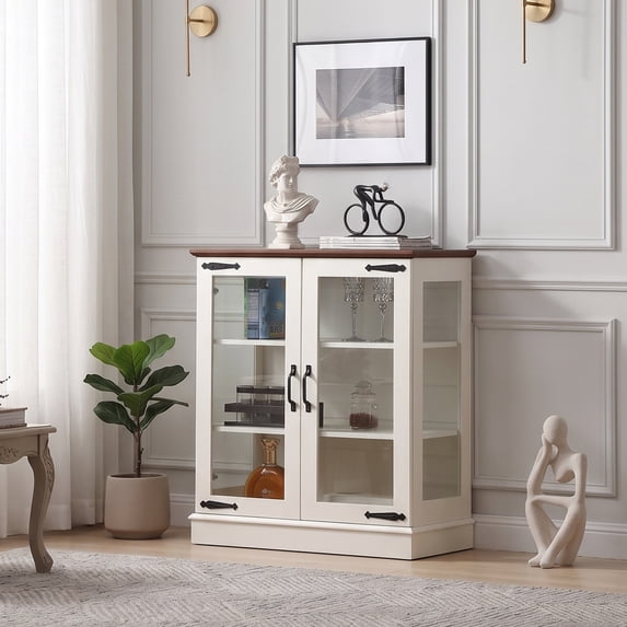 31.5" Small Buffet Cabinet with Glass Doors & LED Lighting,Small ...
