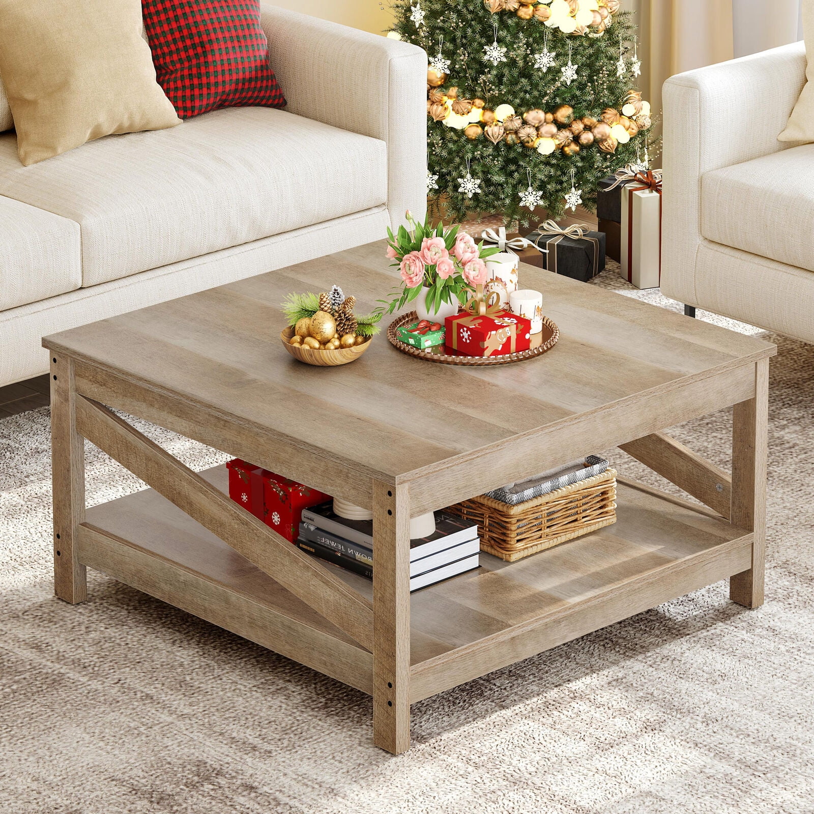 31.5" Square Coffee Table with Storage 2-Tier Rustic Center Table ...