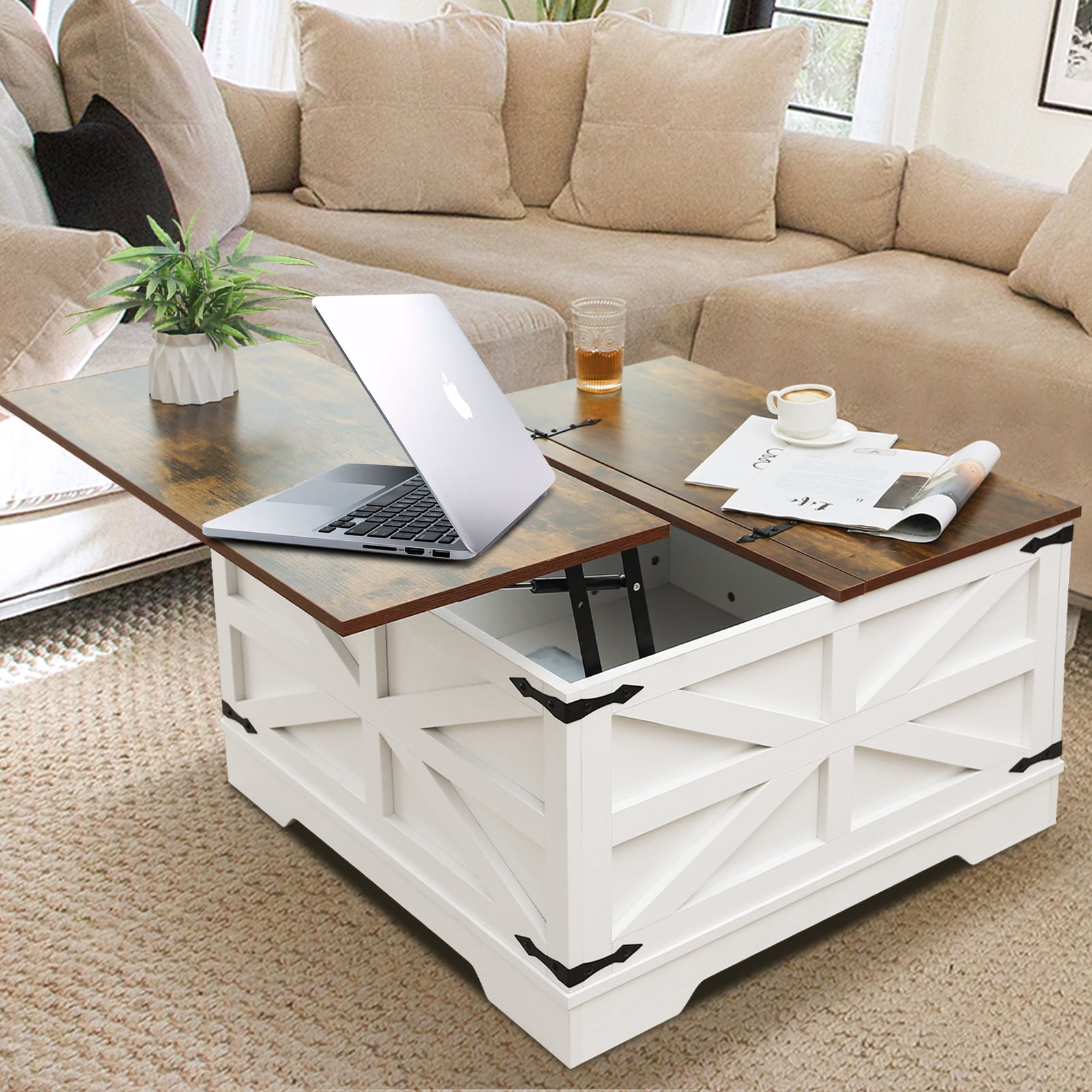 31.5" Square Lift-Top Coffee Table with Dual Hinged Tops, Hidden ...