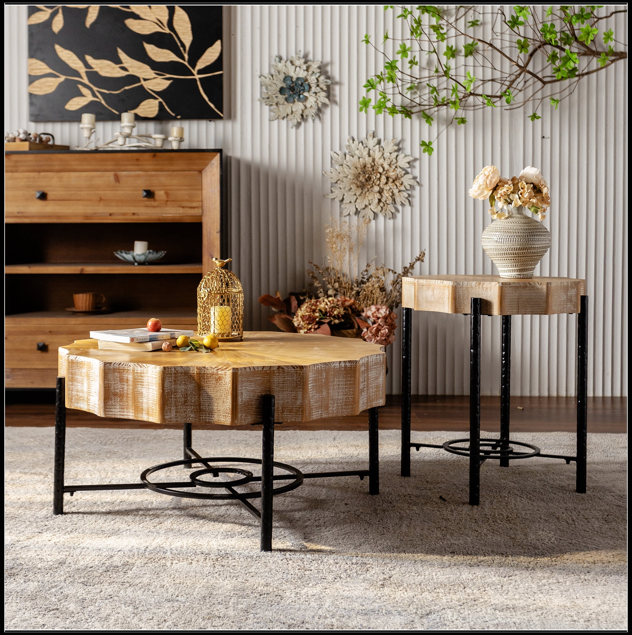 31.5 "Vintage Patchwork Lace Shape Coffee Table with Natural Pine Grain ...