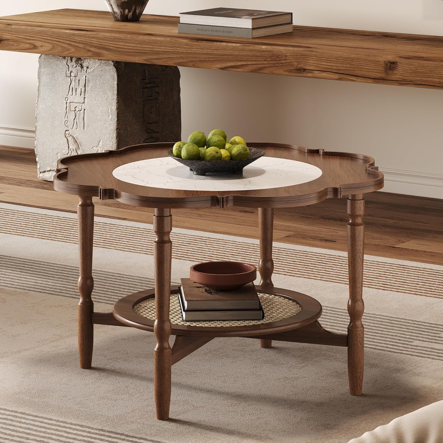 31.5 Vintage Petal Coffee Table with Crackle Glass Top, Woven Rattan ...