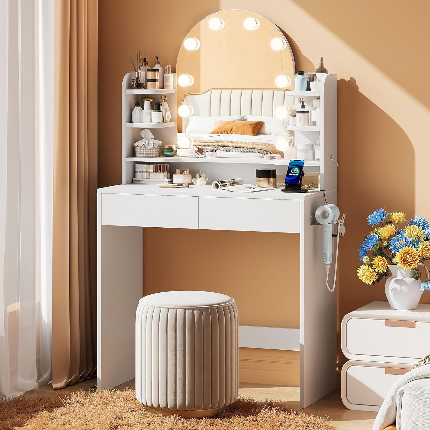 31.5'W Make Vanity Desk with Mirror and Lights 3 Colors, Girls Vanity ...