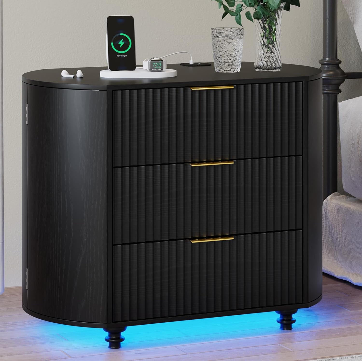 31.5" W Oval Fluted Nightstand with LED Lights & USB/Type-C Port, Modern Night Stand with 3 ...