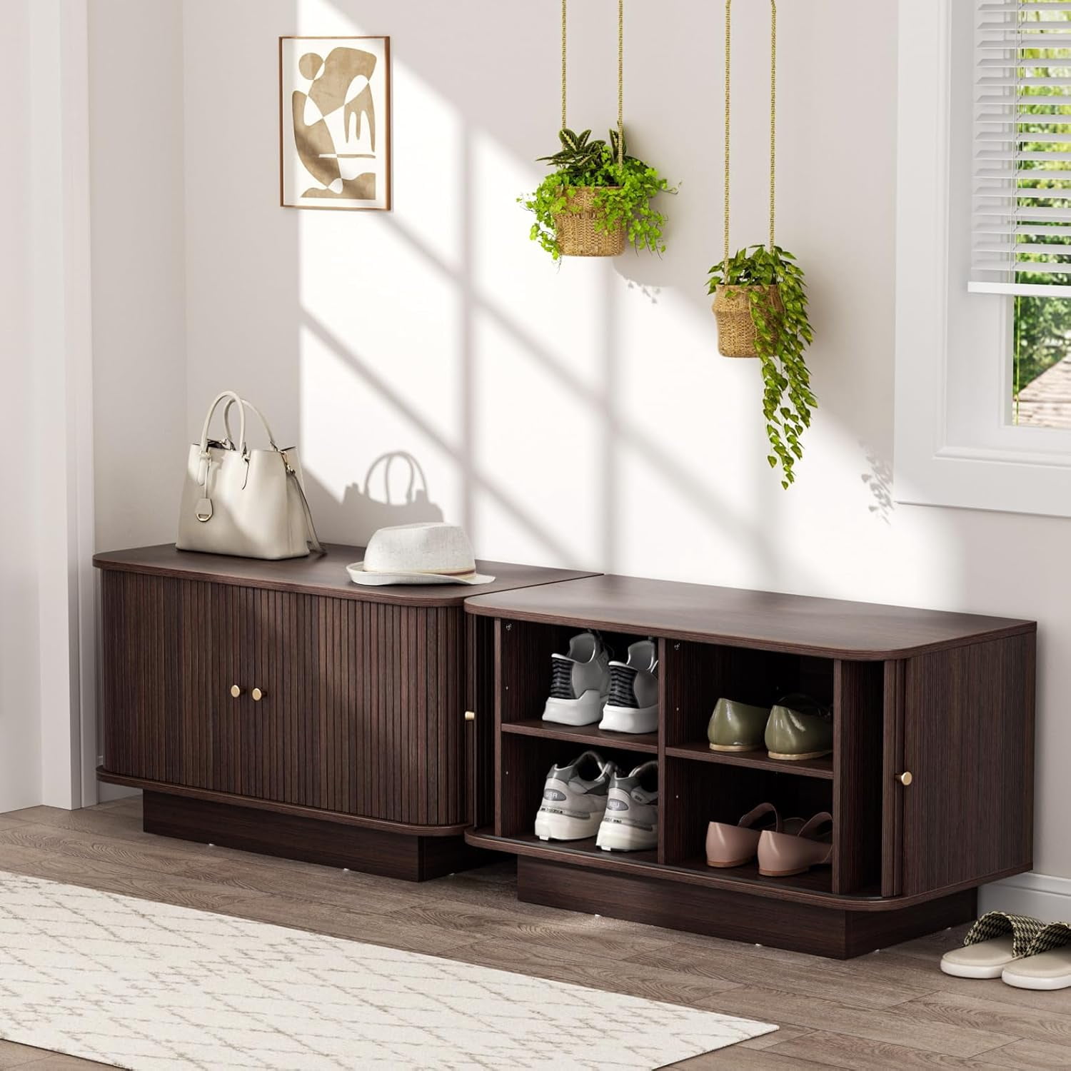 31.5" W Small Shoe Storage Bench, Shoe Bench Entryway with Sliding ...