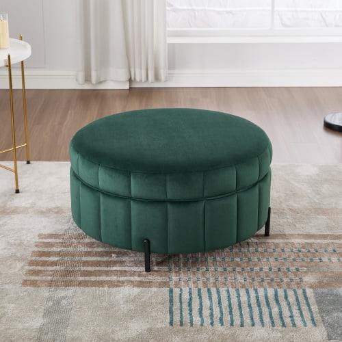 31.5"W Upholstered Round Ottoman With Reversible Lid, Velvet Storage ...